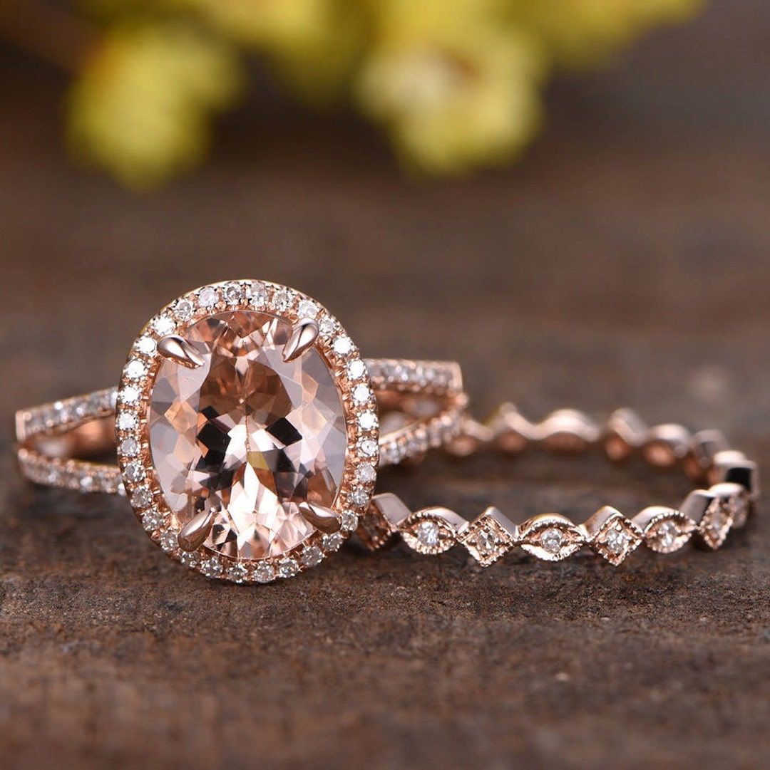 Morganite Engagement Ring Set: Oval, Split Shank, Diamond Band - Etsy