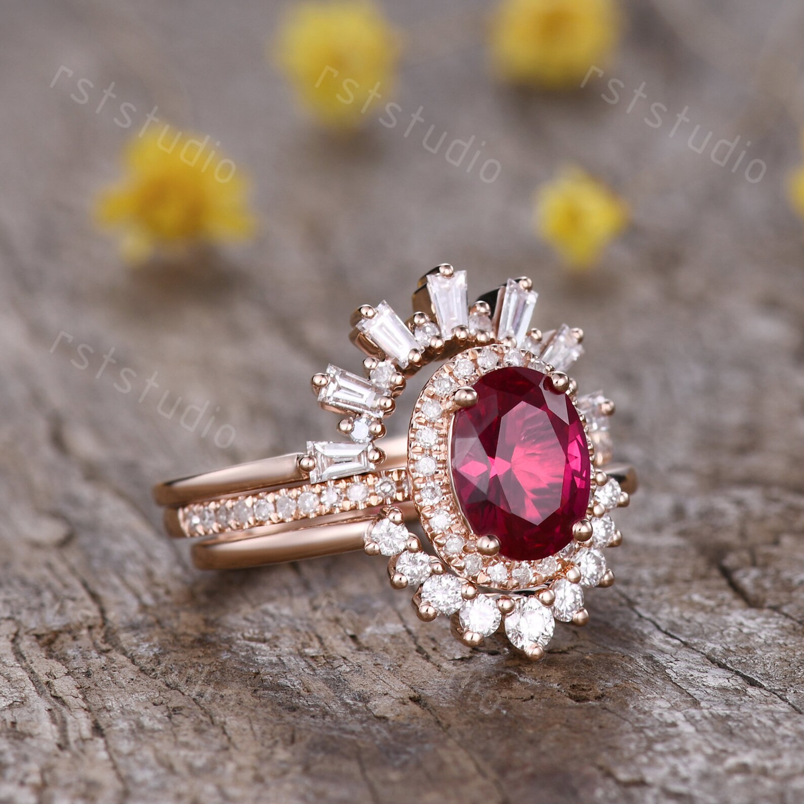Ruby Engagement Ring Set Rose Goldvintage Ruby Rings for - Etsy