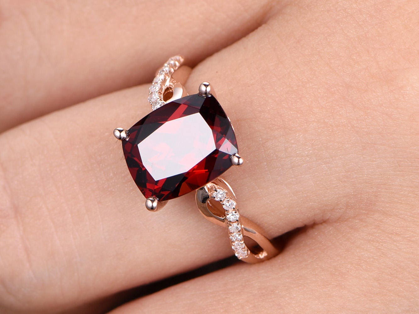 Garnet Engagement Ring Infinity Ring Rose Gold Split Shank Diamond ...