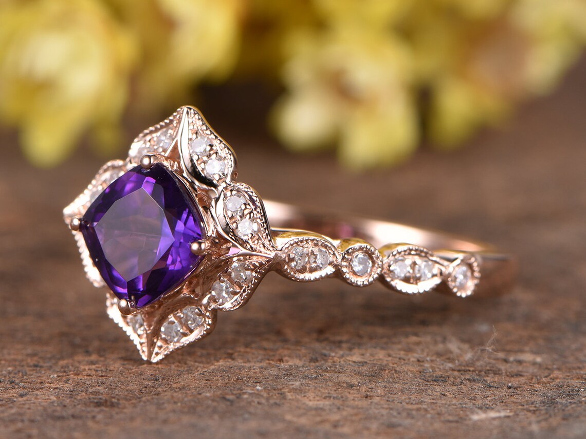 Unique Amethyst Engagement Ring Rose Gold Art Deco Diamond Wedding Band ...