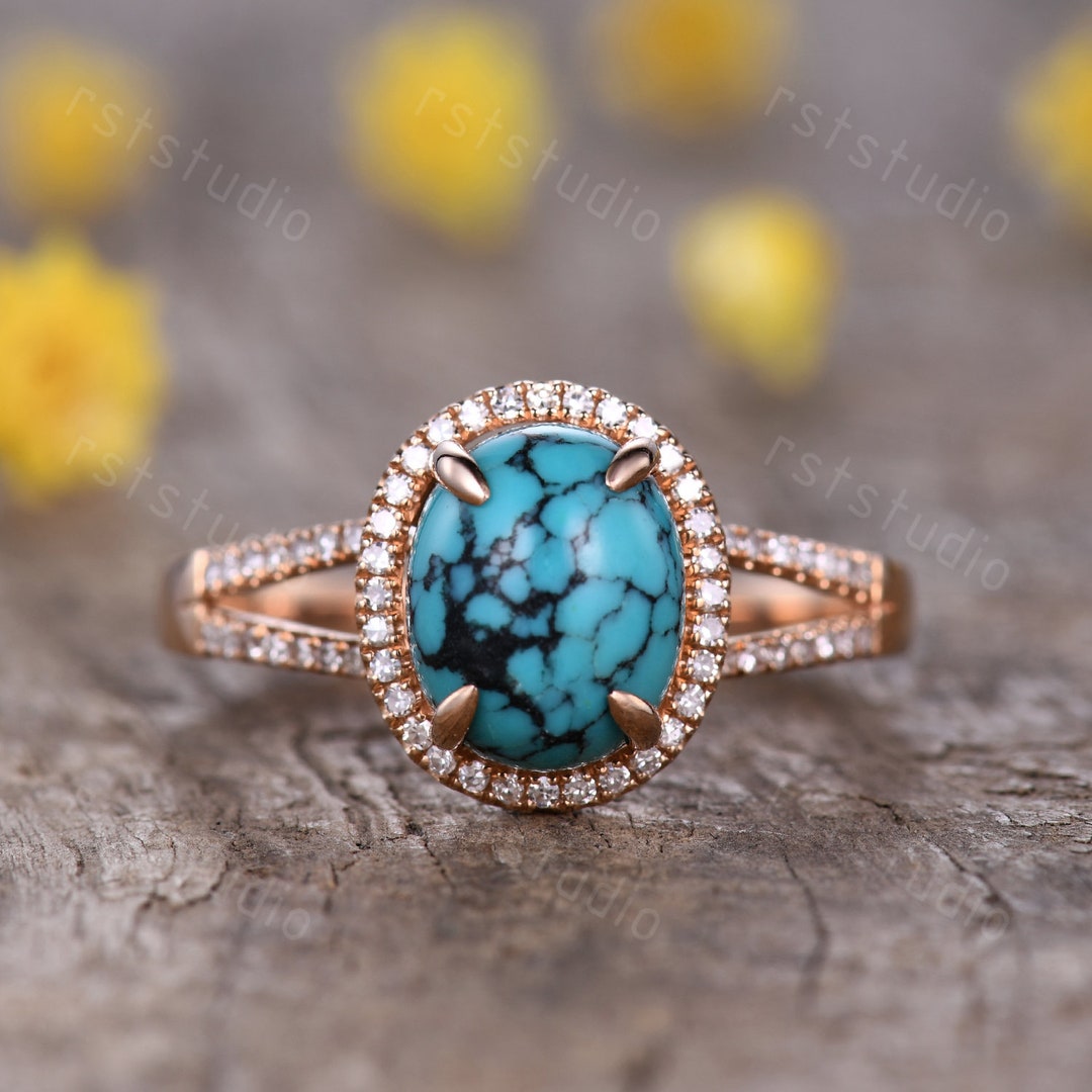 8x10mm Oval Turquoise Ring Turquoise Engagement Ring,black Vein Split ...