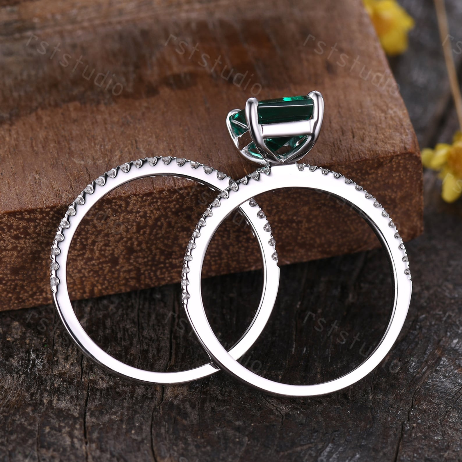 1.5ct Green Emerald Engagement Ring Set, Emerald Cut Birthstone Ring ...