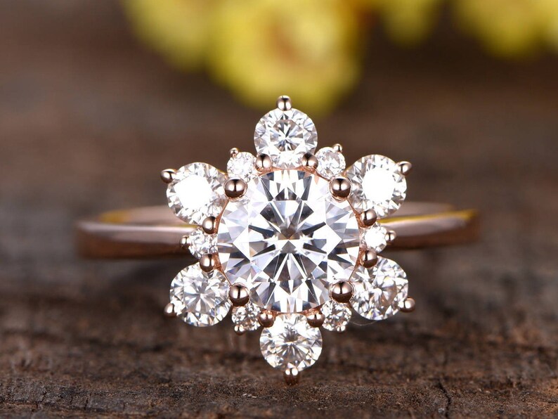 Unique Moissanite Engagement Ring Rose Gold Cluster Ring - Etsy
