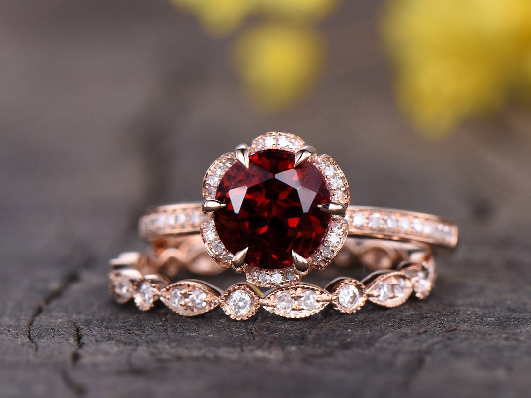Garnet Engagement Ring Set, 14K Rose Gold, Art Deco Bridal Jewelry - Etsy