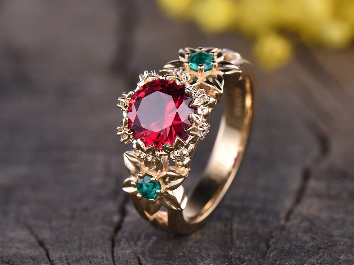 1.5ct Antique Ruby Engagement Ring Vintage Flower Band Ruby - Etsy