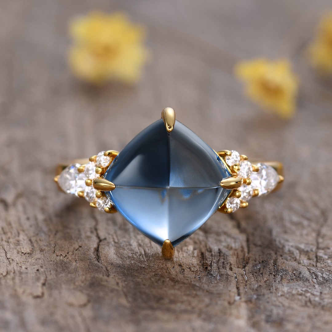 7 Ct Uniqe London Blue Engagement Ring, Sugar Loaf Cut Blue Gemstone ...