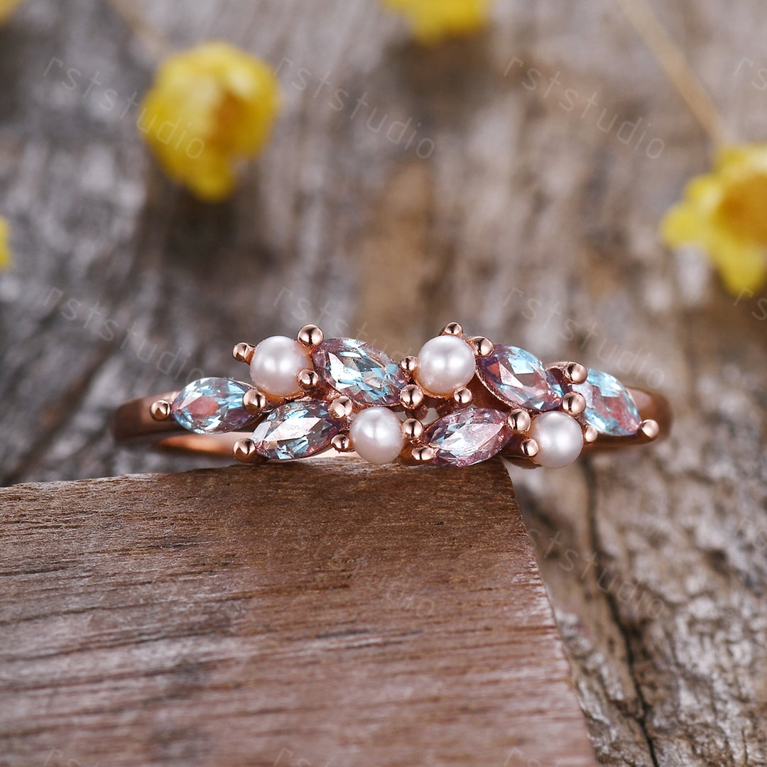 Vintage Alexandrite Pearl Ring: 14k Rose Gold Marquise Cluster Band - Etsy