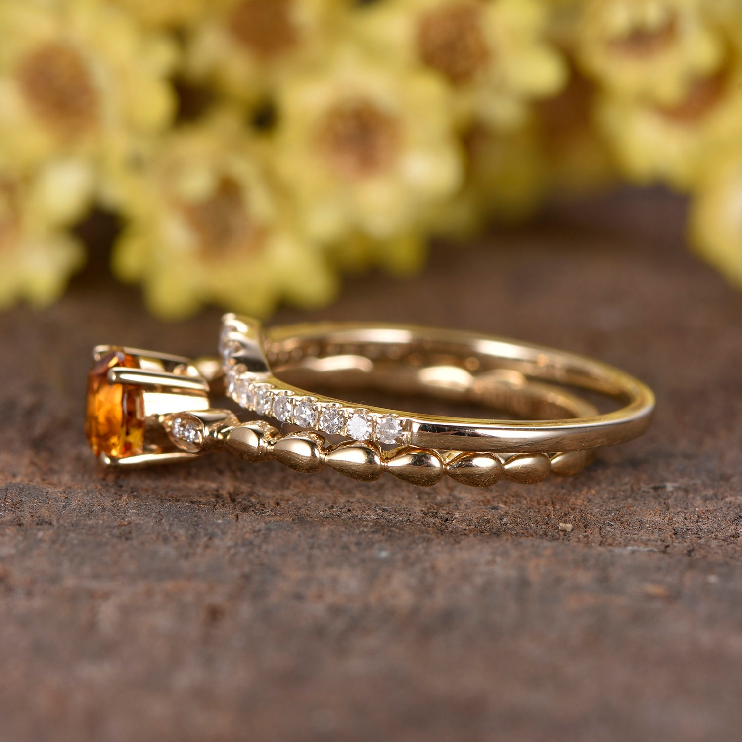 Citrine Engagement Ring Set, 14K Yellow Gold Curve Diamond Wedding Band ...
