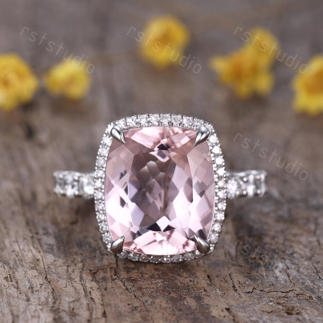 10ct Pink Morganite Engagement Ring 14K White Gold Real Diamond Wedding Band Bridal Morganite ...