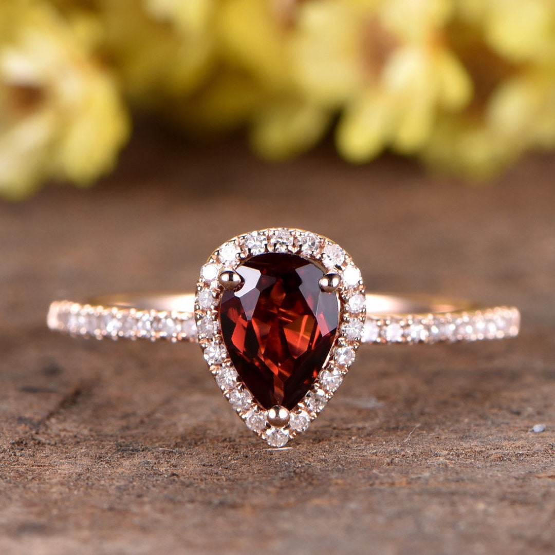 Pear Cut Garnet Engagement Ring Rose Gold Diamond Wedding Band Tear ...