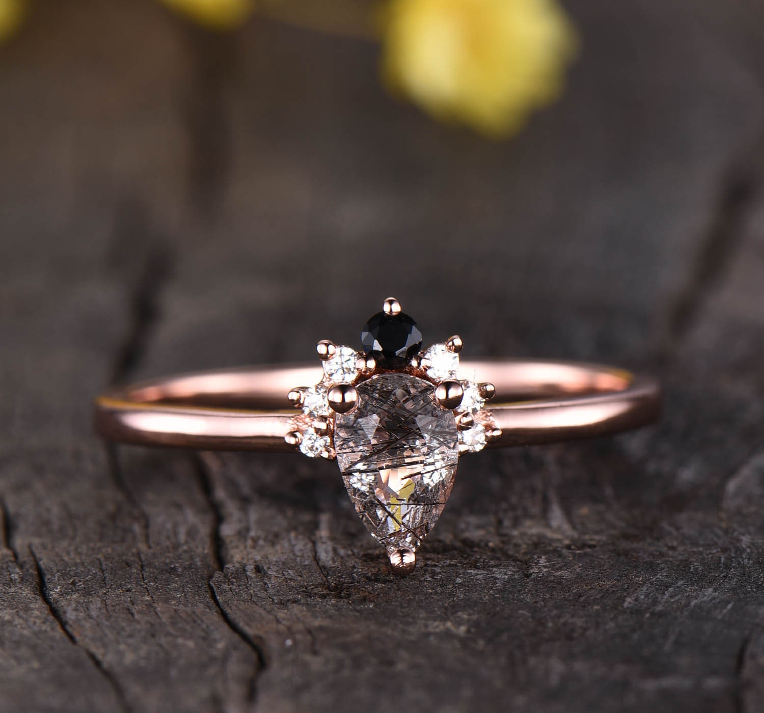 Black Rutilated Quartz Engagement Ring Rose Goldblack Diamond - Etsy