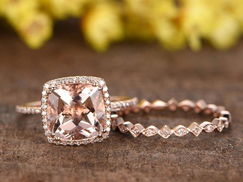 3ct Morganite Engagement Ring Set 14k Rose Gold Diamond Etsy