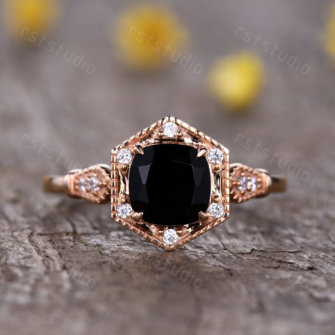 Black Spinel Engagement Ring 14K Rose Gold Diamond Wedding Band 7mm ...