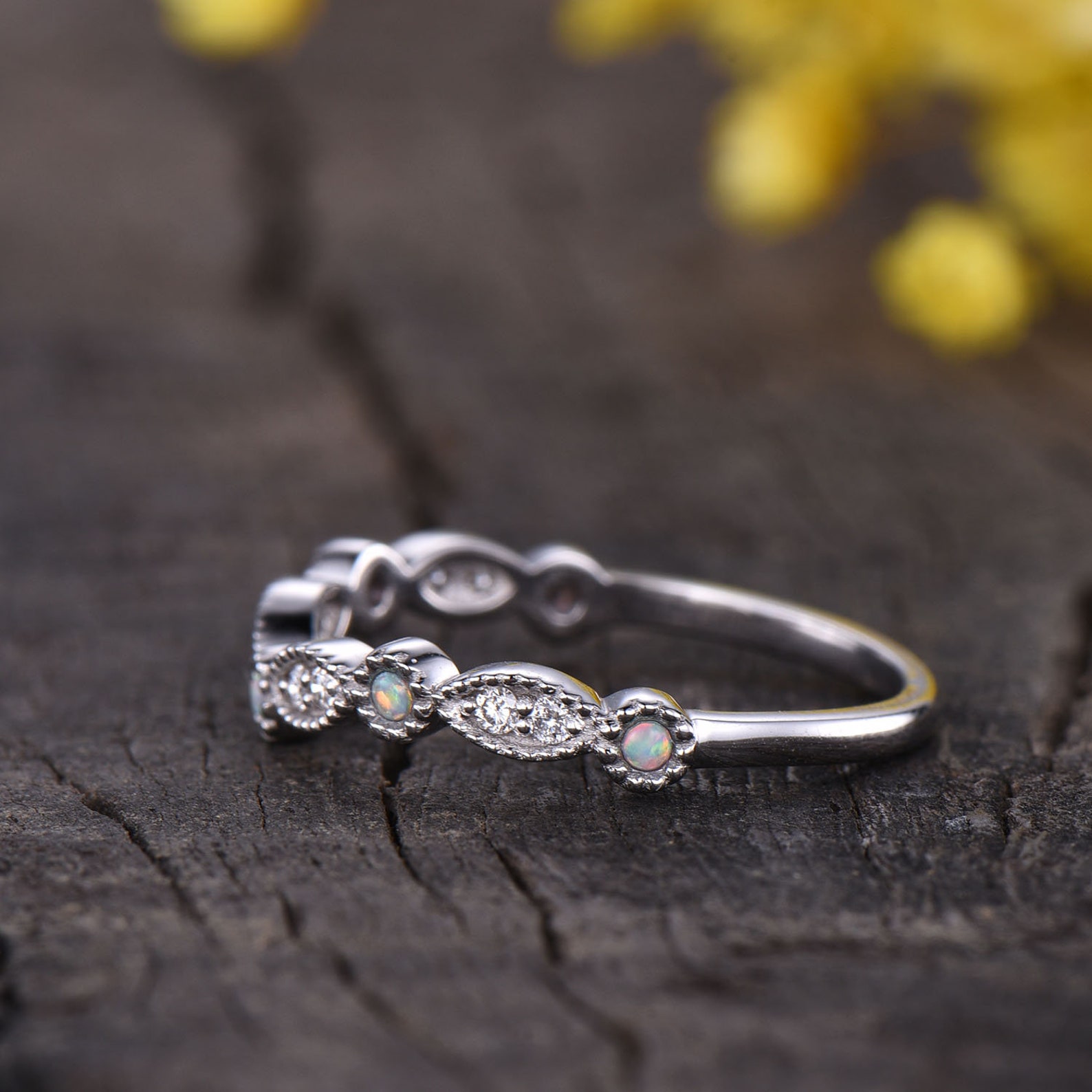 Opal Weddding Ring Art Deco Diamond Curved Wedding Band - Etsy