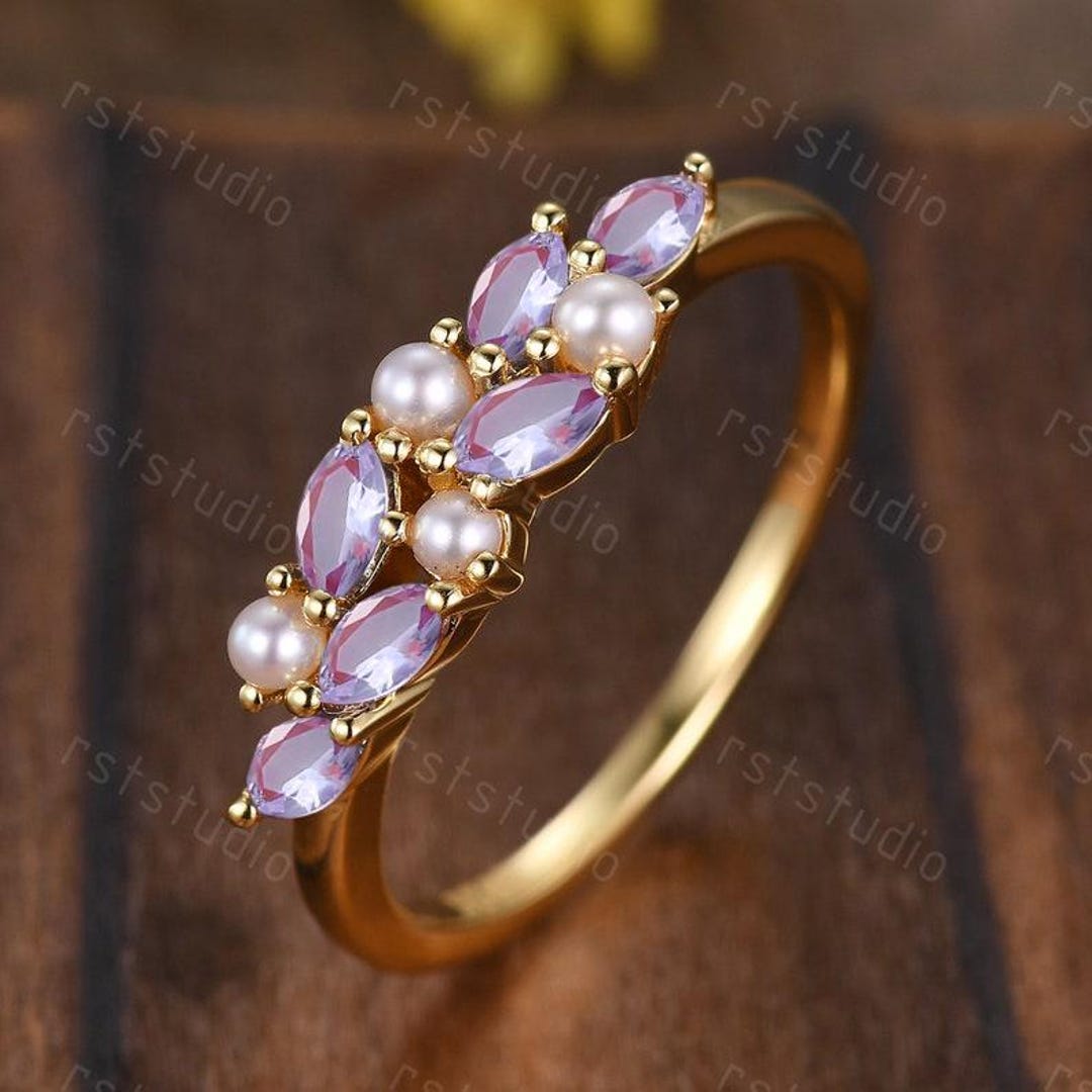Vintage 14k Gold Lavender Amethyst Pearl Ring: Marquise Cluster Wedding ...
