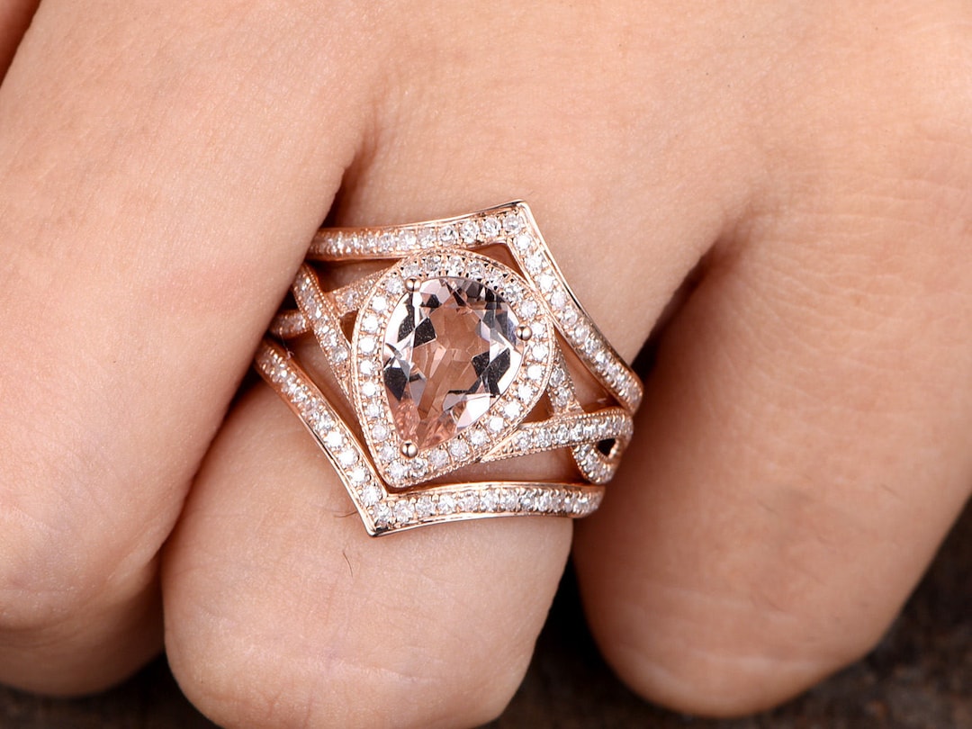 3pcs Unique Morganite Engagement Ring Set 14K Rose Gold ,vintage ...