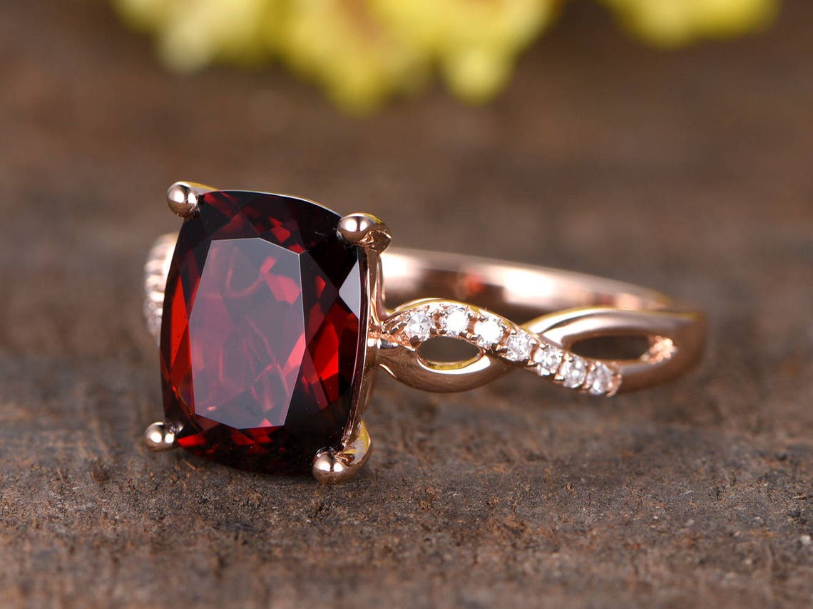 Cushion Cut Garnet Engagement Ring: Rose Gold Diamond Infinity Band - Etsy