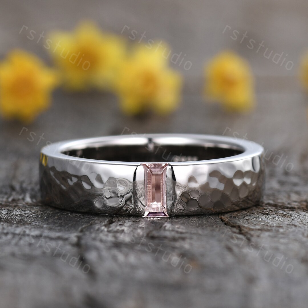 Mens Morganite Wedding Band Baguette Cut Morganite Band Mens Hammered ...