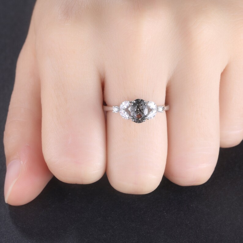 Black Rutilated Quartz Engagement Ring Vintage Flower | Etsy