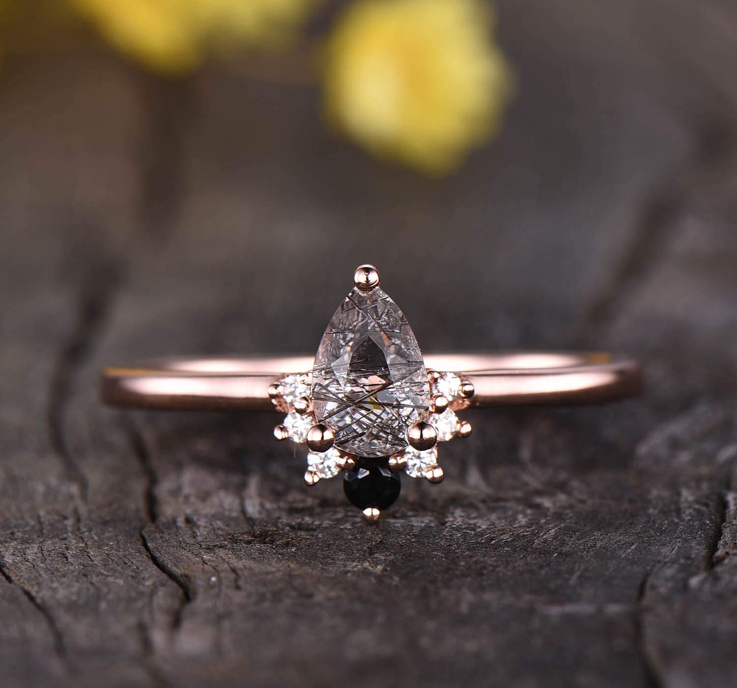 Black Rutilated Quartz Engagement Ring Rose Goldblack Diamond - Etsy