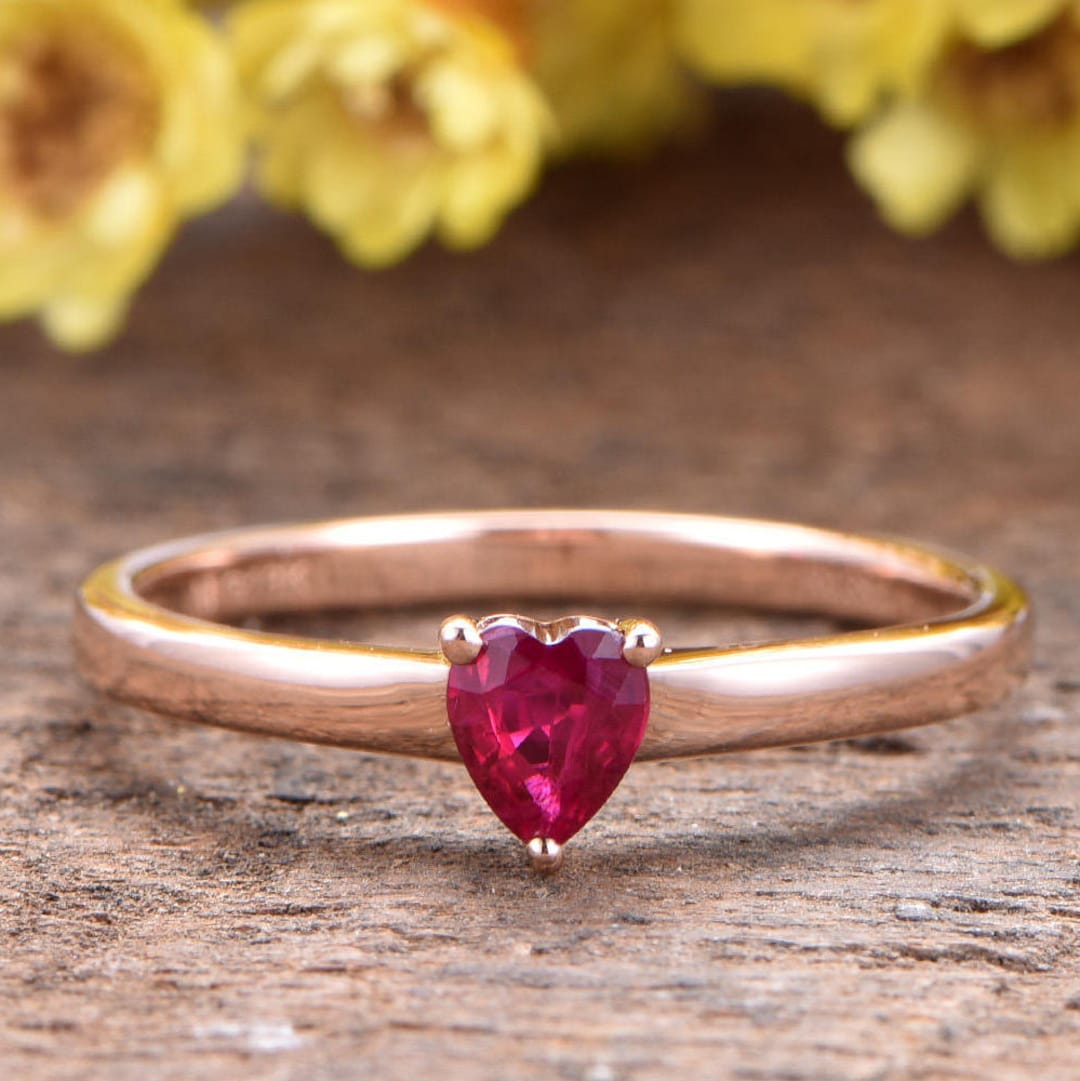 0.35ct Heart Shape Natural Ruby Ring Ruby Engagament Plain Band VS Ruby ...