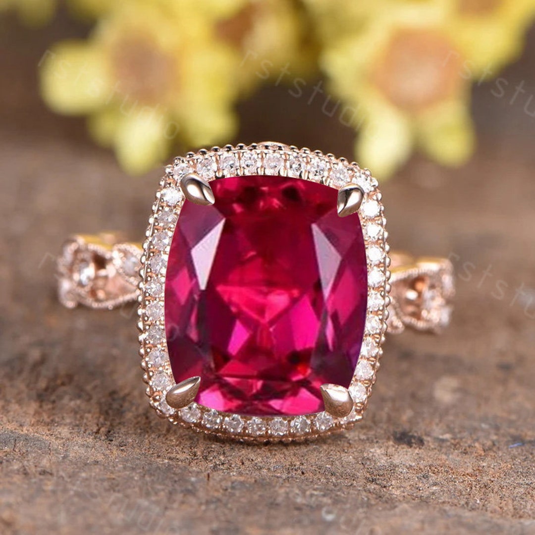 Vintage 7ct Red Ruby Engagement Ring Floral Band Diamond Ring Unique ...