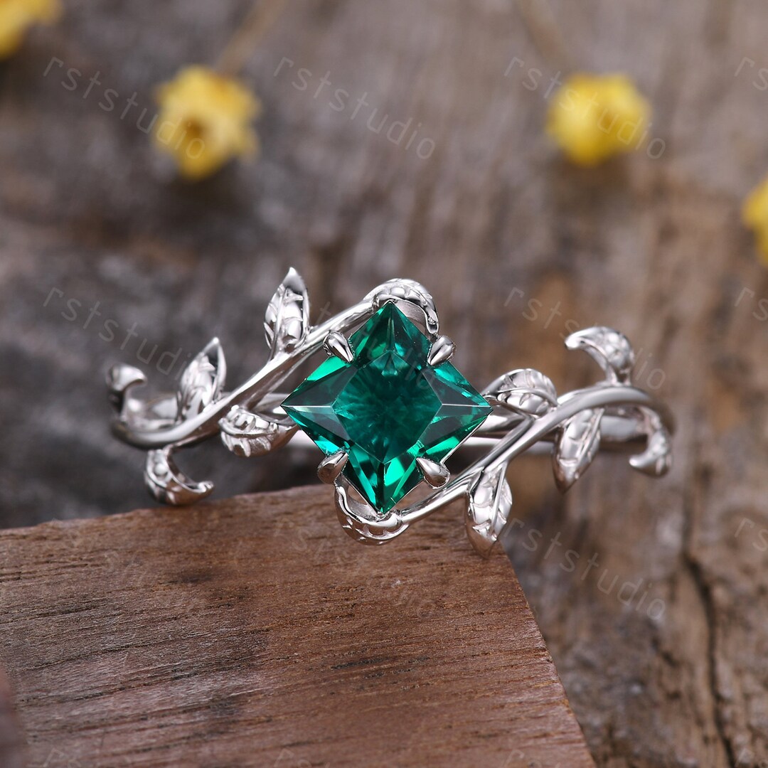 Unique Princess Cut Emerald Engagement Ring Sterling Silver Ring ...