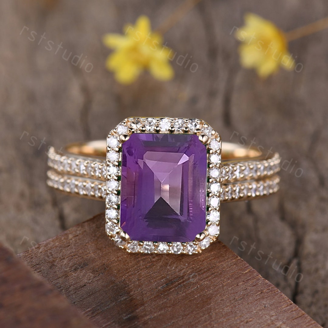 Amethyst Engagement Ring Natural Amethyst Ring Diamond Wedding Band ...
