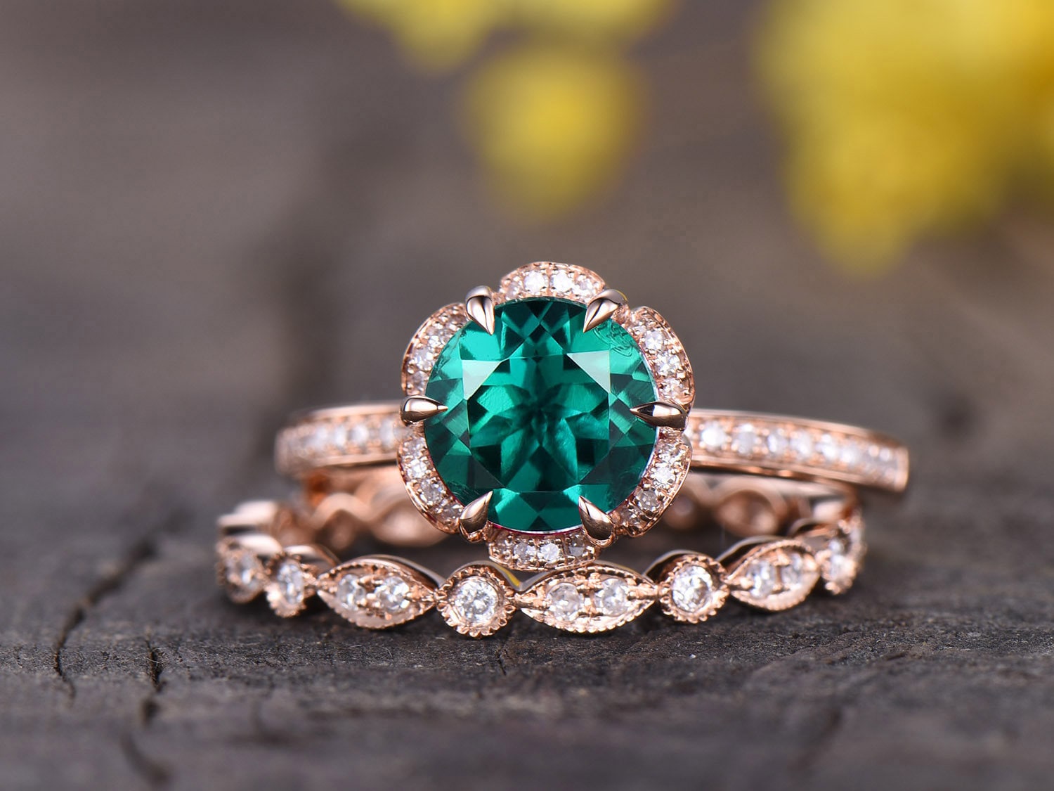 Green Emerald Bridal Setvintage Emerald Engagement - Etsy