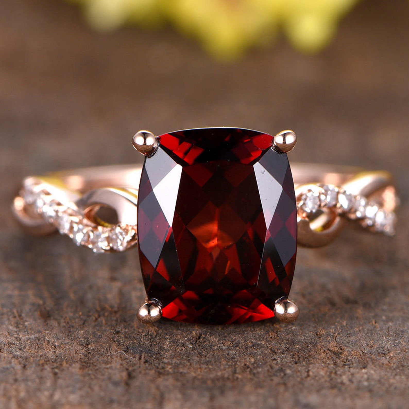 Cushion Cut Garnet Engagement Ring: Rose Gold Diamond Infinity Band - Etsy