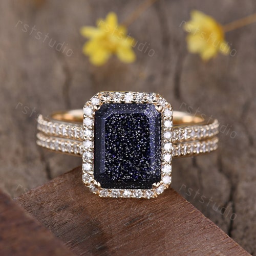 Blue Sandstone Engagement Ring 4ct Emerald Cut Vintage Rose - Etsy