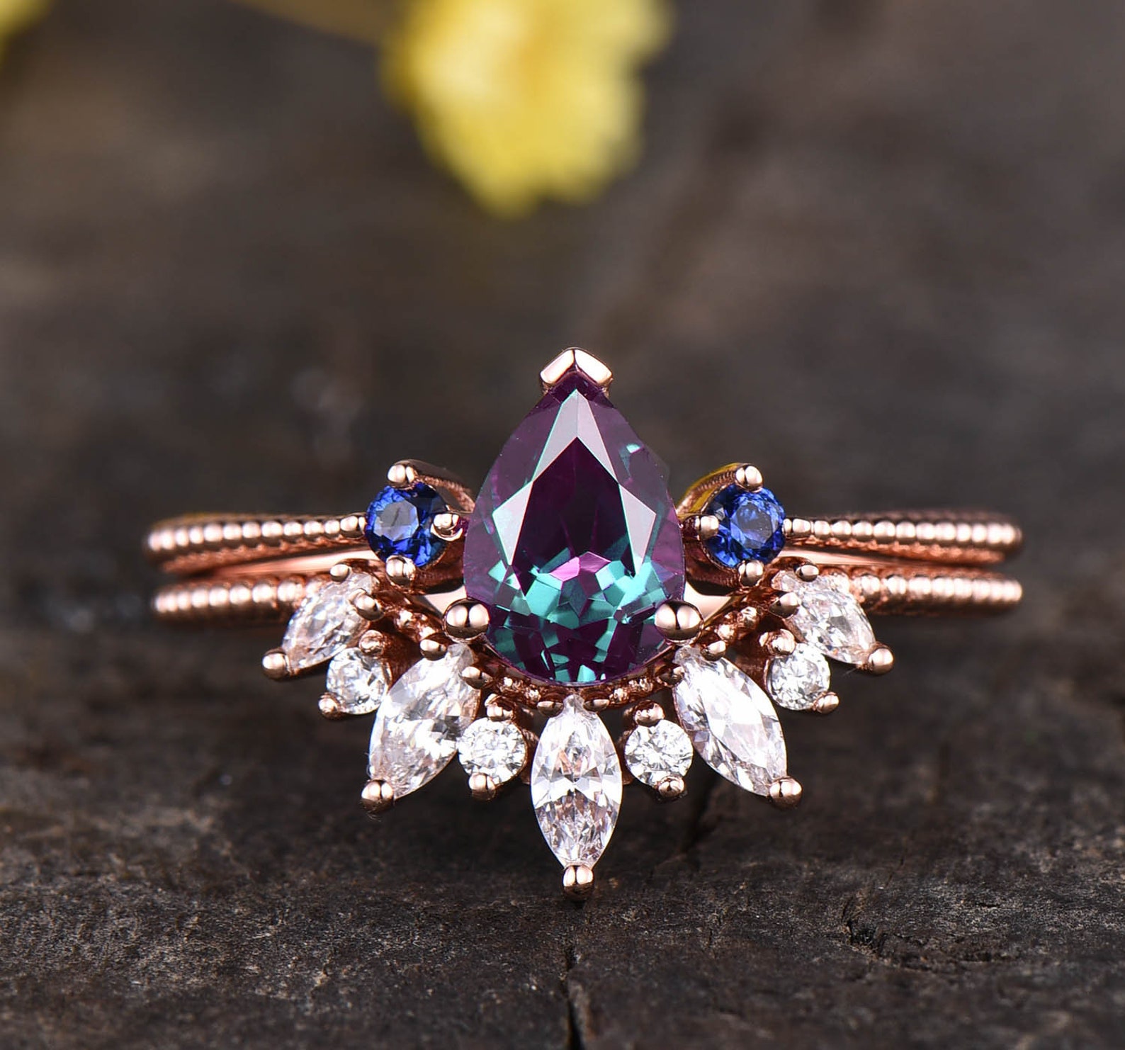 Unique Alexandrite Engagement Ring Setvintage Sapphire Ring | Etsy