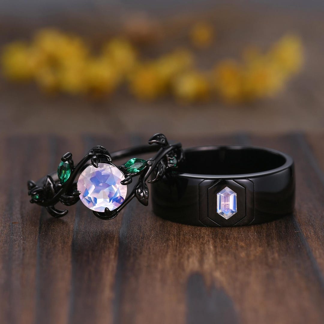 Gothic Hexagon Moonstone Wedding Ring Set, Black Gold Promise Rings - Etsy