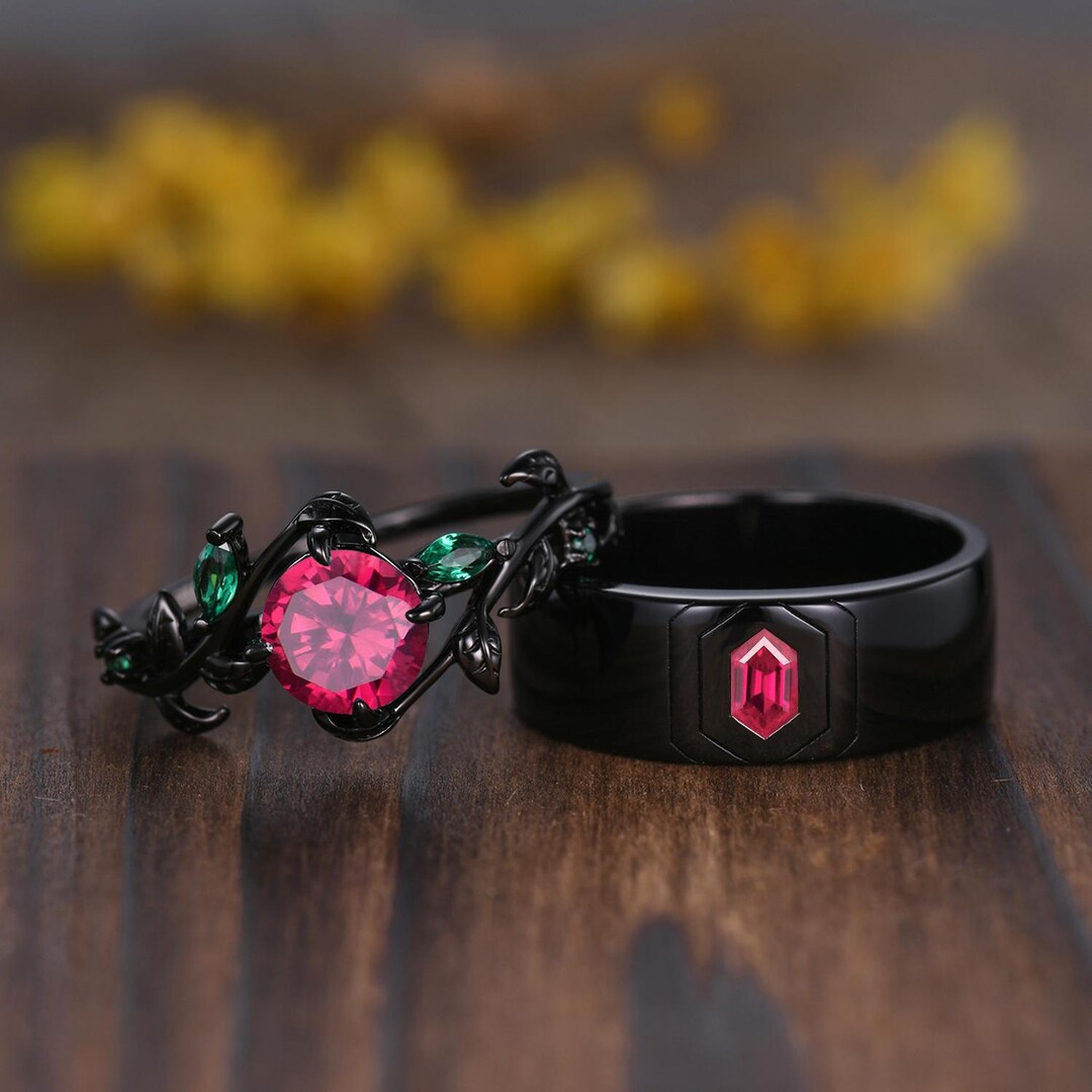 Gothic Round Red Ruby Engagement Ring 14k Black Gold Ring Leaf Stacking ...