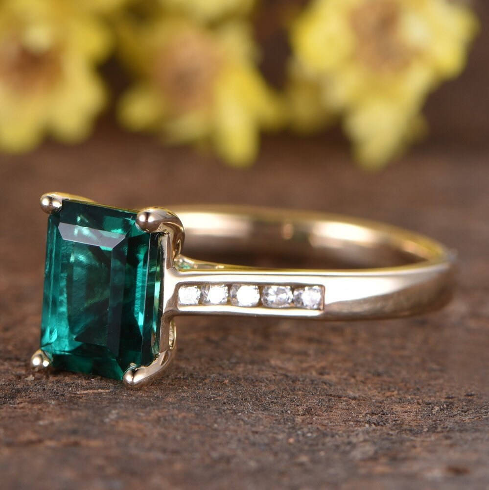 Vintage Emerald Engagement Ring 14K Yellow Gold Emerald Diamond Wedding ...