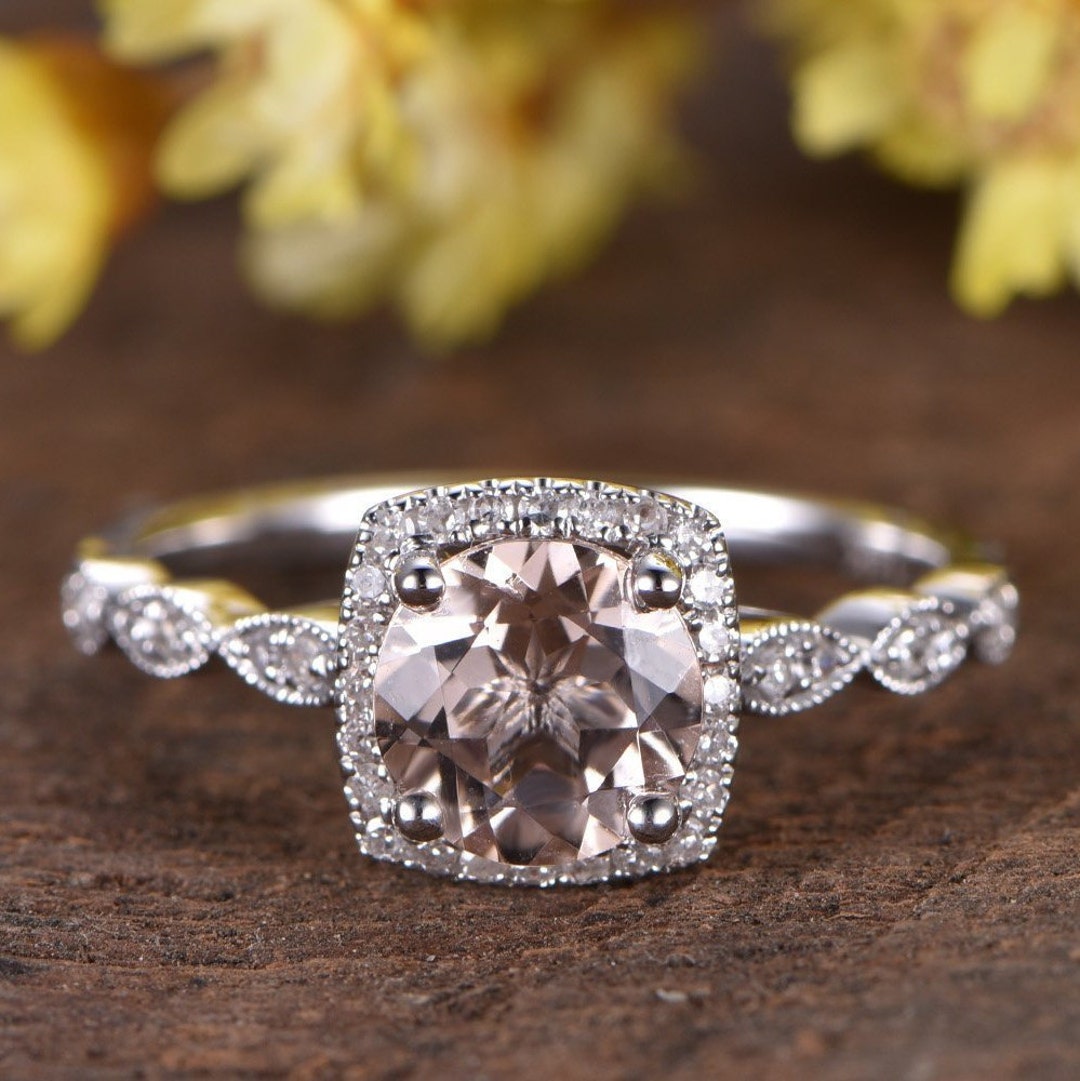 Natural Morganite Engagement Ring Diamond Band 7mm Round Morganite ...