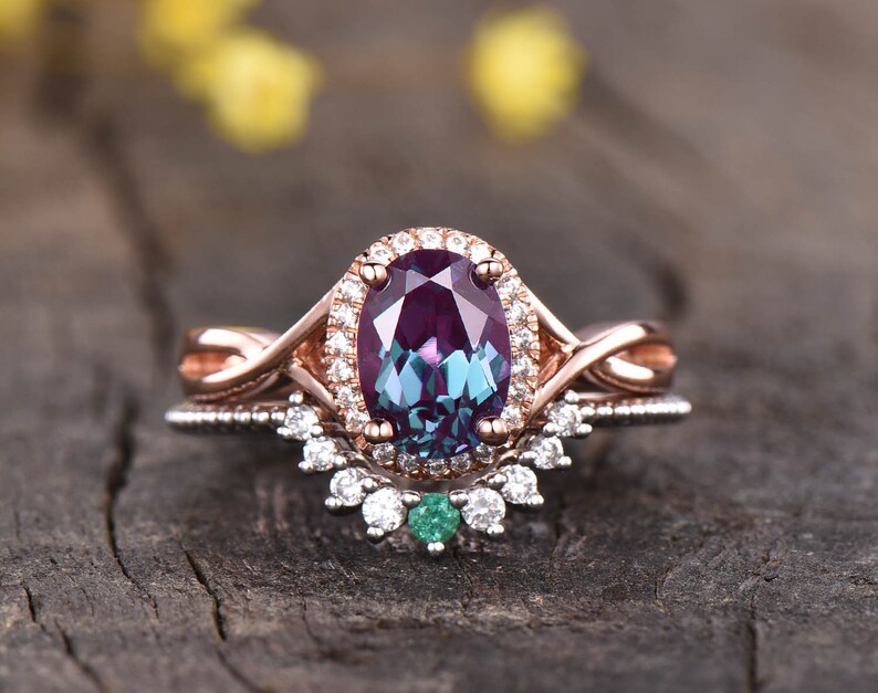 Alexandrite Engagement Ring Set Diamond Emerald Crown Wedding - Etsy