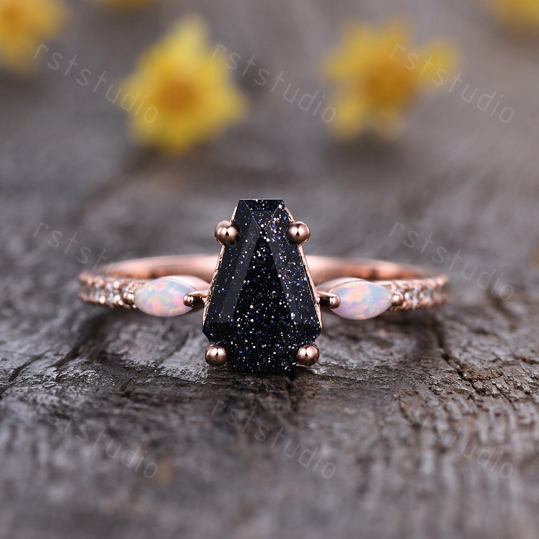 Vintage Coffin Cut Blue Sandstone Engagement Ring Lily Galaxy Sandstone ...