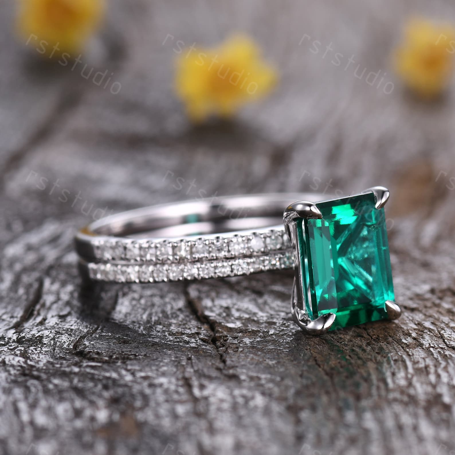 1.5ct Green Emerald Engagement Ring Set, Emerald Cut Birthstone Ring ...