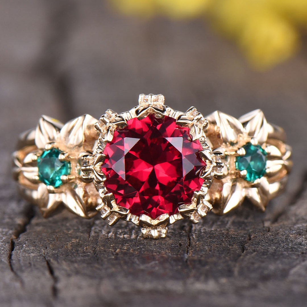 1.5ct Antique Ruby Engagement Ring Vintage Flower Band Ruby Wedding ...