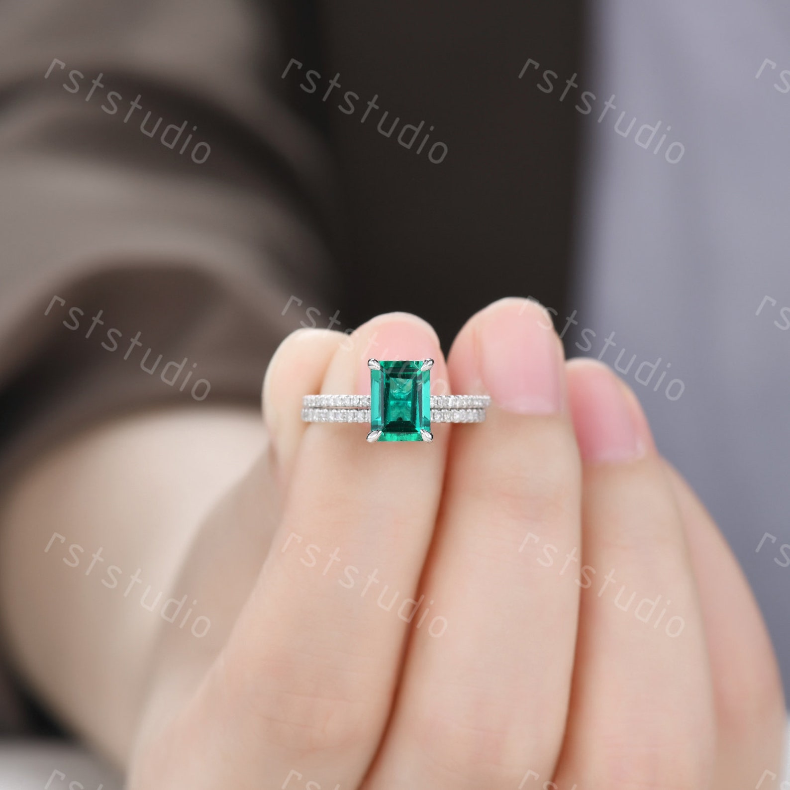 1.5ct Green Emerald Engagement Ring Set, Emerald Cut Birthstone Ring ...