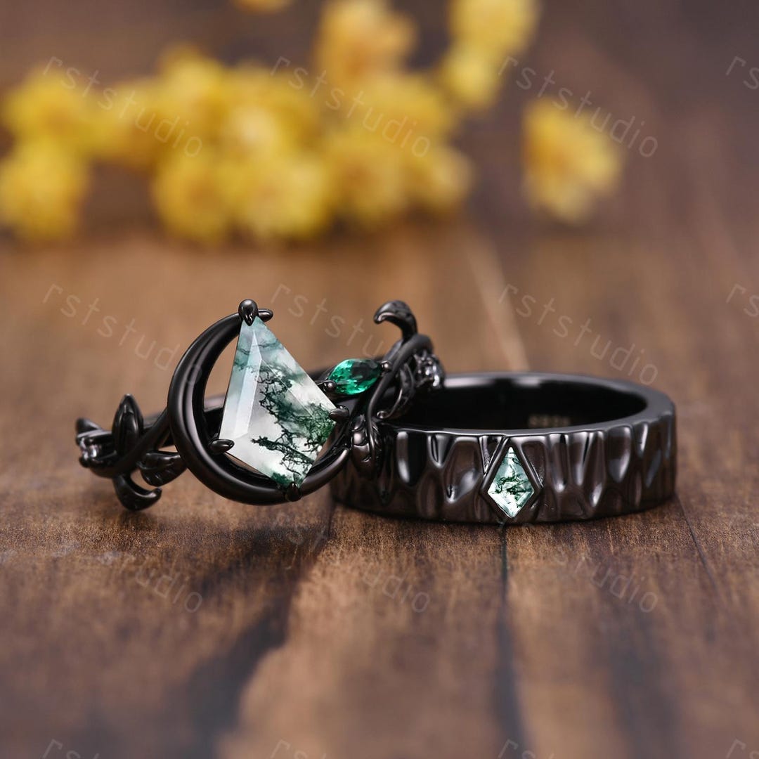 Nature Inspired Kite Moss Agate Couples Ring Black Silver Matching Ring ...
