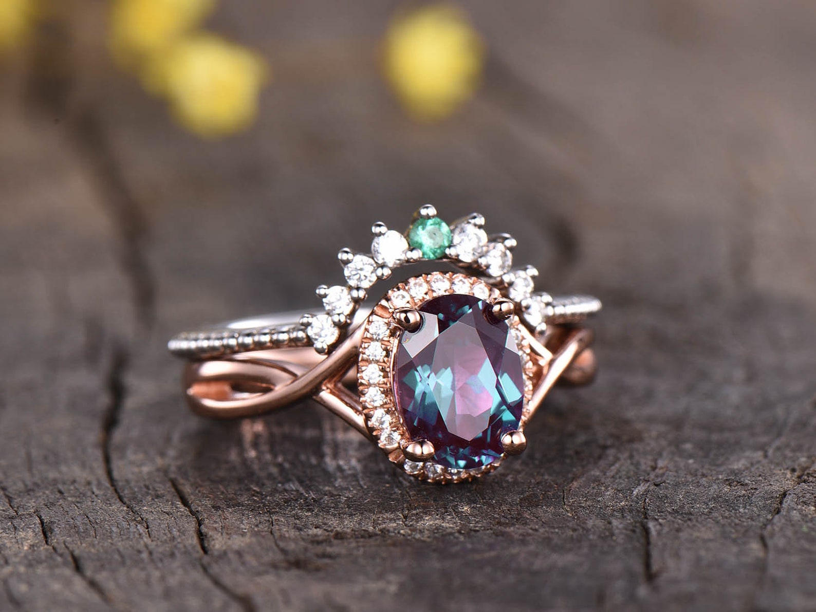 Alexandrite Engagement Ring Set Diamond Emerald Crown Wedding - Etsy