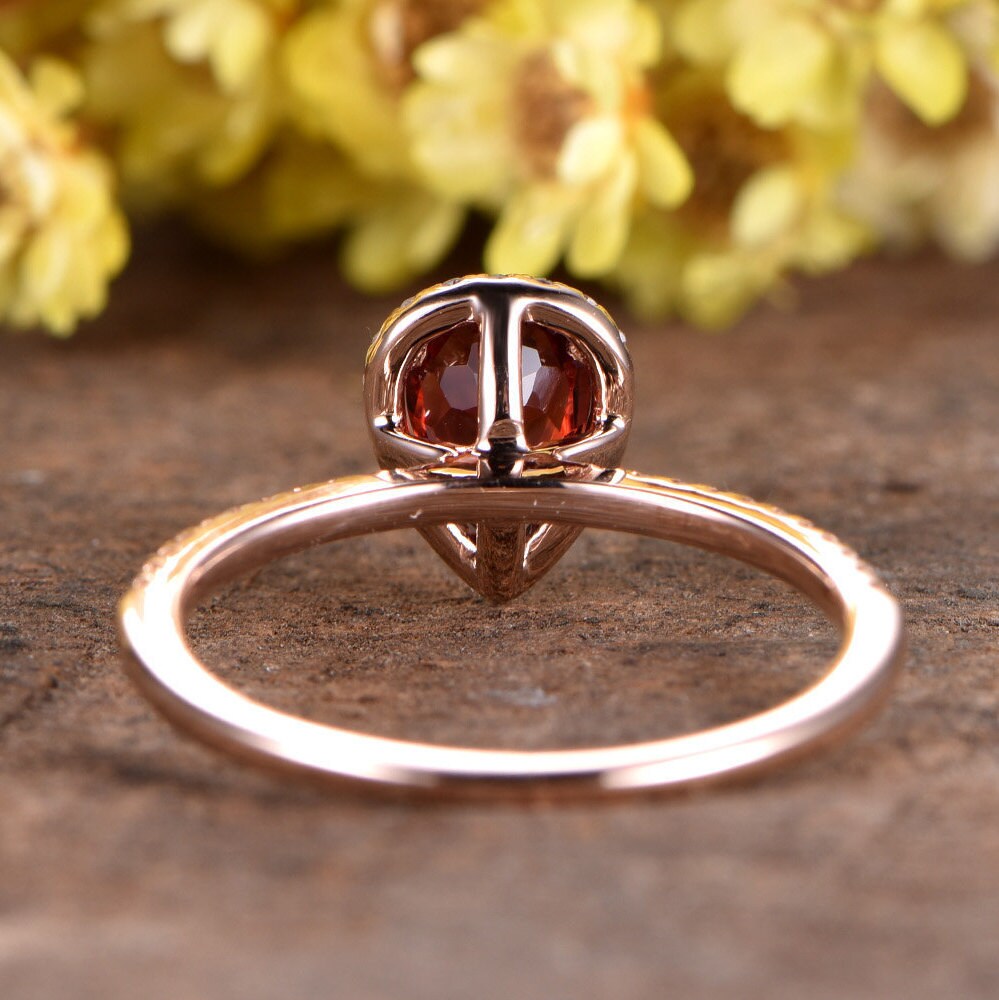 Pear Cut Garnet Engagement Ring Rose Gold Diamond Wedding Band - Etsy