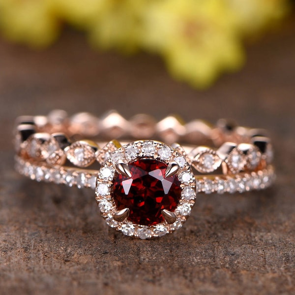 Garnet Engagement Ring Set - Etsy