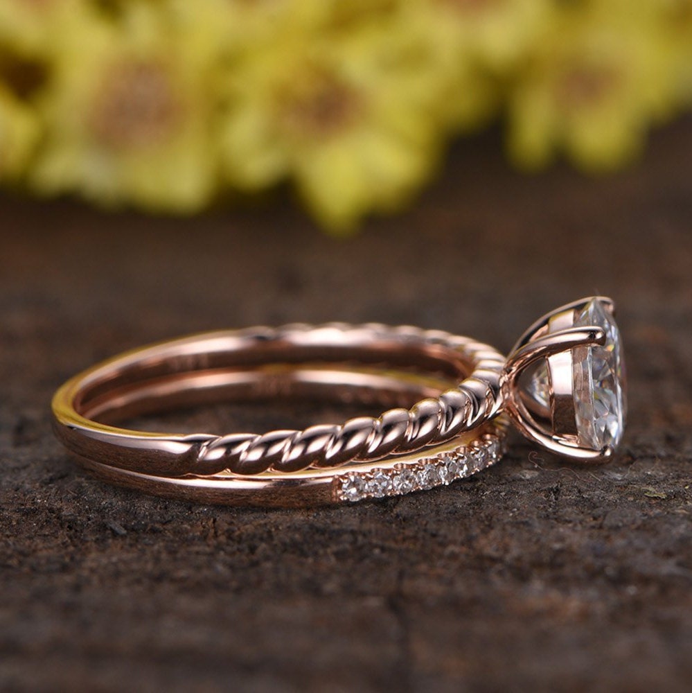 Moissanite Engagement Ring Set, 14k Rose Gold Twist Band, Diamond ...