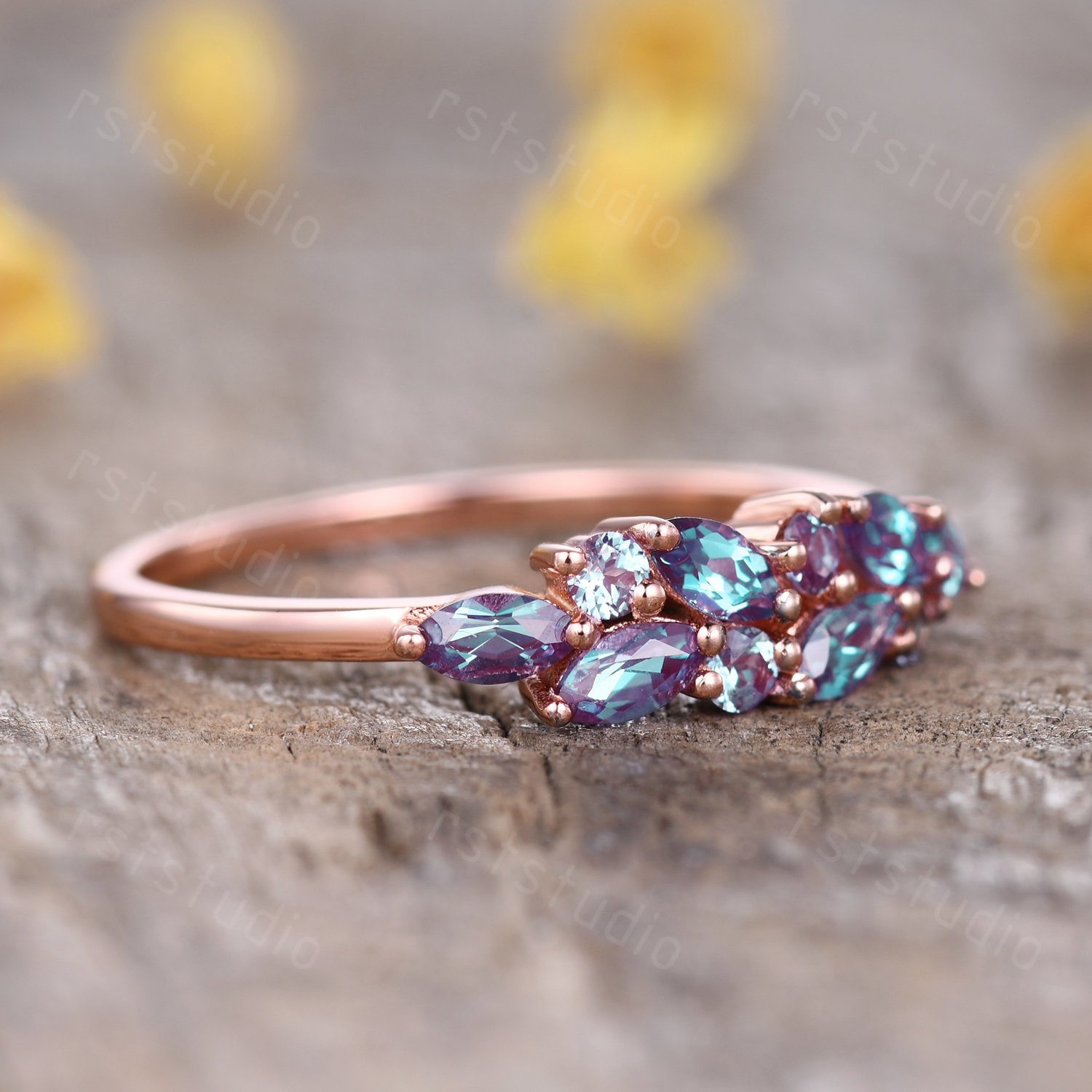 Alexandrite Cluster Ring: 14k Rose Gold Marquise Wedding Band - Etsy