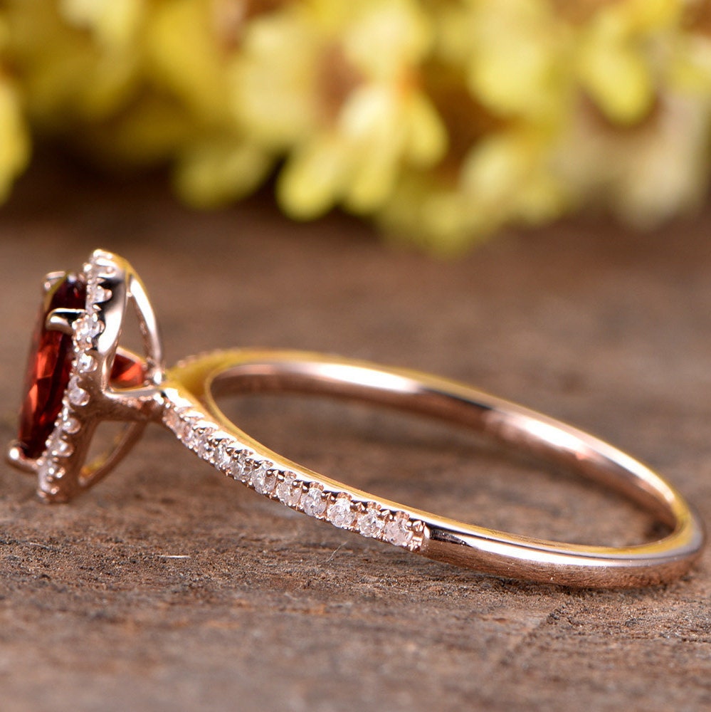 Pear Cut Garnet Engagement Ring Rose Gold Diamond Wedding Band - Etsy