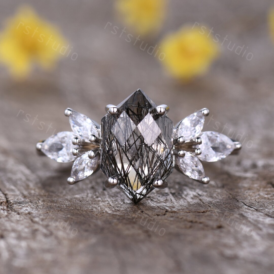 4 Carat Black Rutilated Quartz Engagement Ring,black Rutilated Ring ...