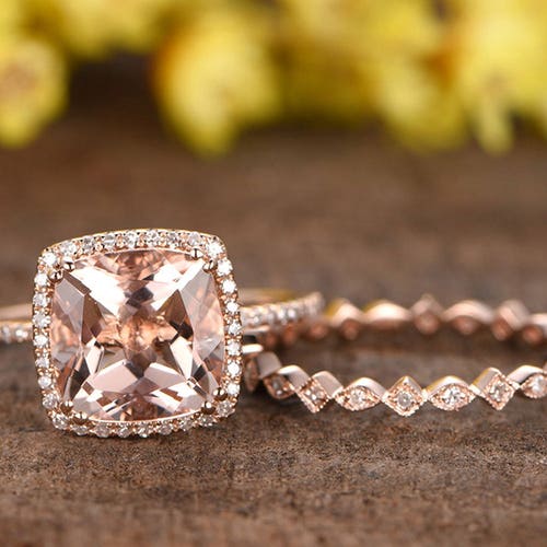 Cushion Cut Morganite Engagement Ring Set Rose Gold Halo Etsy